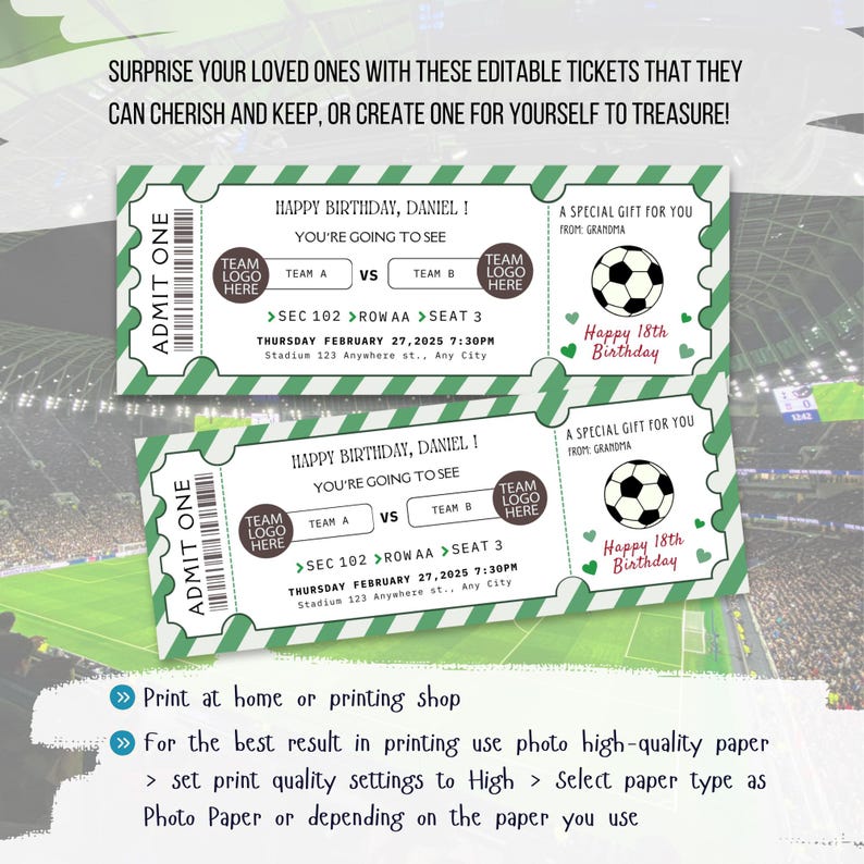 Editable Soccer Ticket Template: Surprise Gift (digital Download) - Etsy