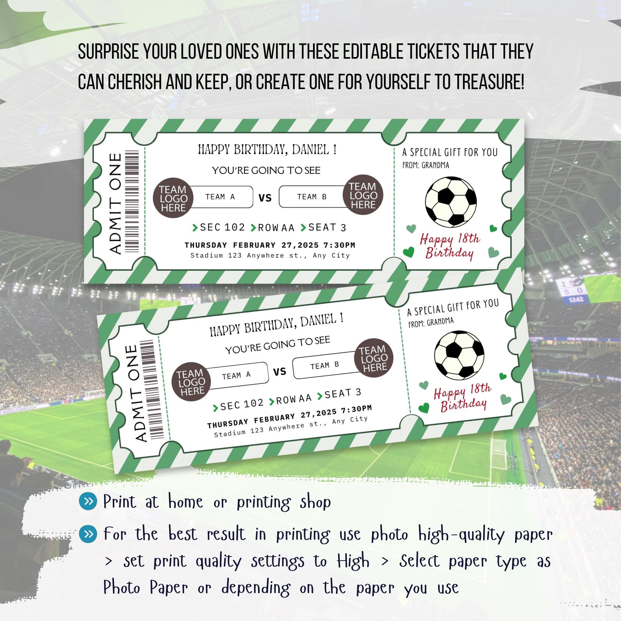 Editable Soccer Ticket Template: Surprise Gift (digital Download) - Etsy