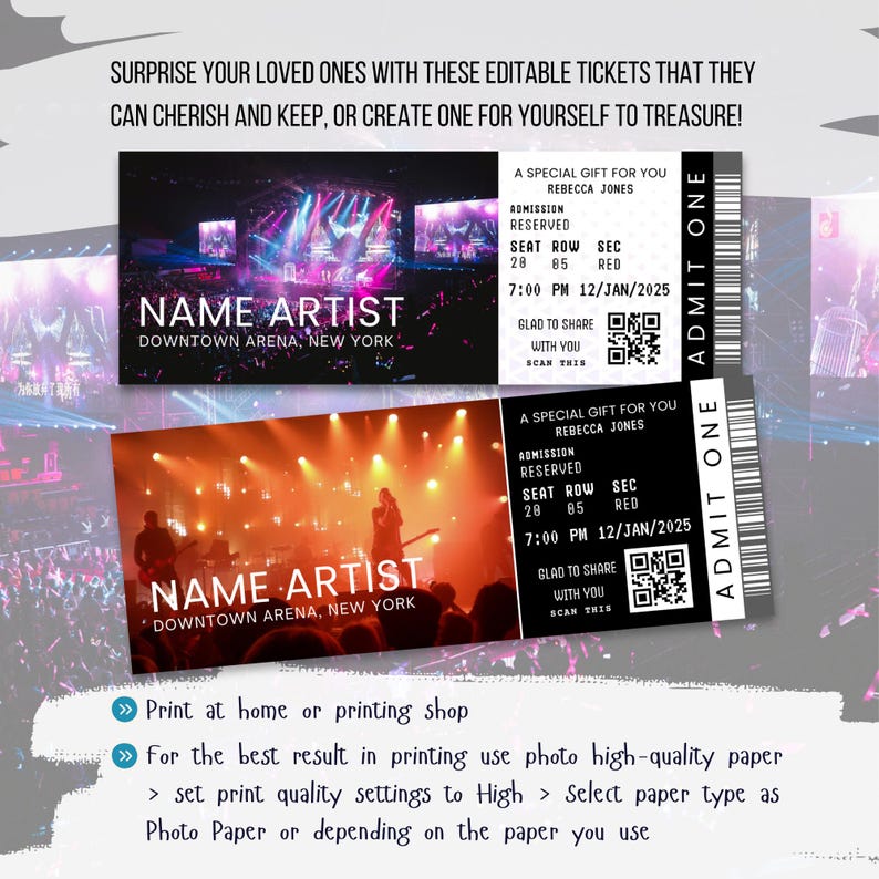 Concert Gift Ticket With QR Code Template, Printable Event Ticket ...
