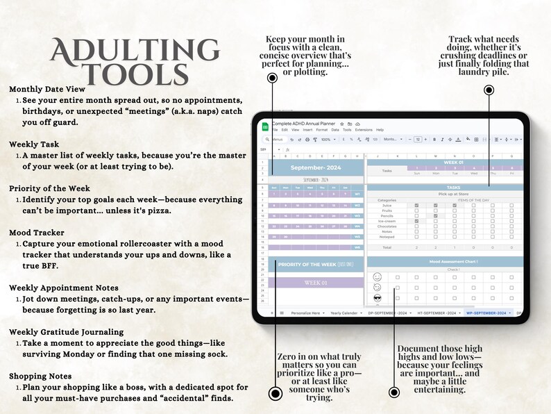 ADHD Digital Planner Google Sheets Spreadsheet iPad and Android Digital ...