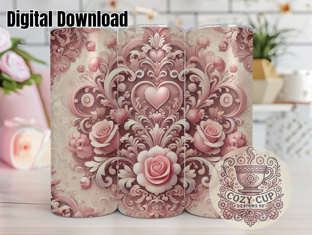 Elegant Ornate Pink Heart Demask - 20oz Skinny Tumbler Sublimation Wrap ...