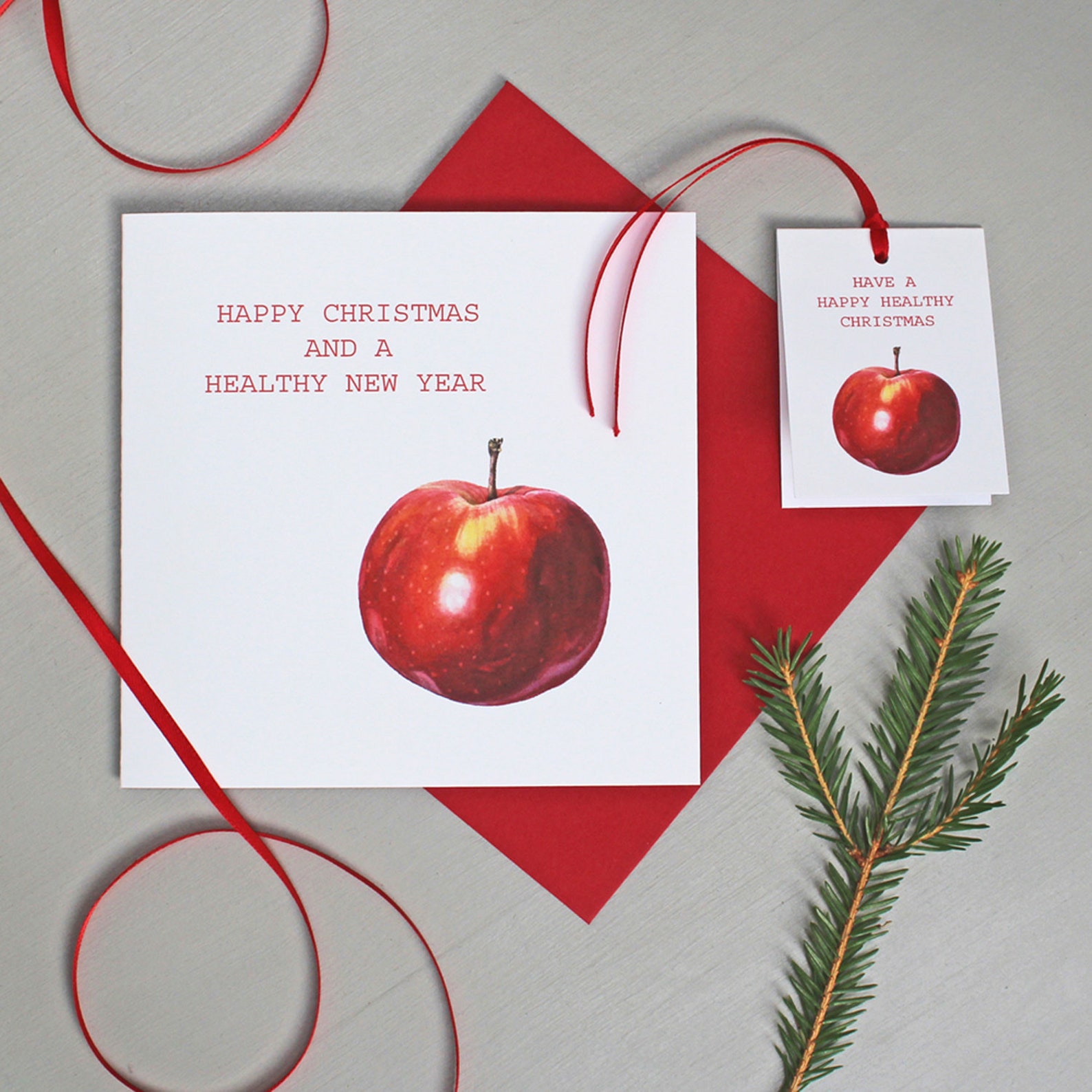 Christmas Card With Red Apple Illustration - Etsy