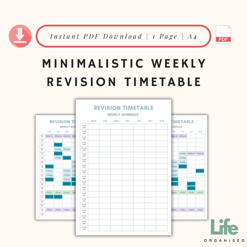 Minimalistic Weekly Revision Timetable - Etsy