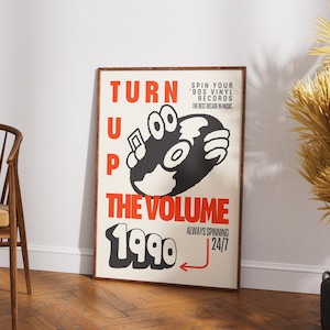 Retro 90s Music Poster, Funny Vinyl Wall Art, Turn up the Volume Print ...