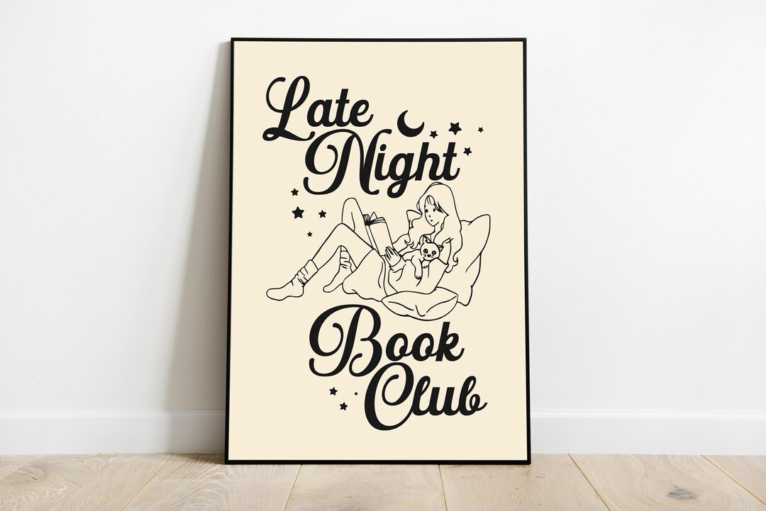 Late Night Book Club Wall Art, Minimalist Girl Reading With Cat, Cozy ...