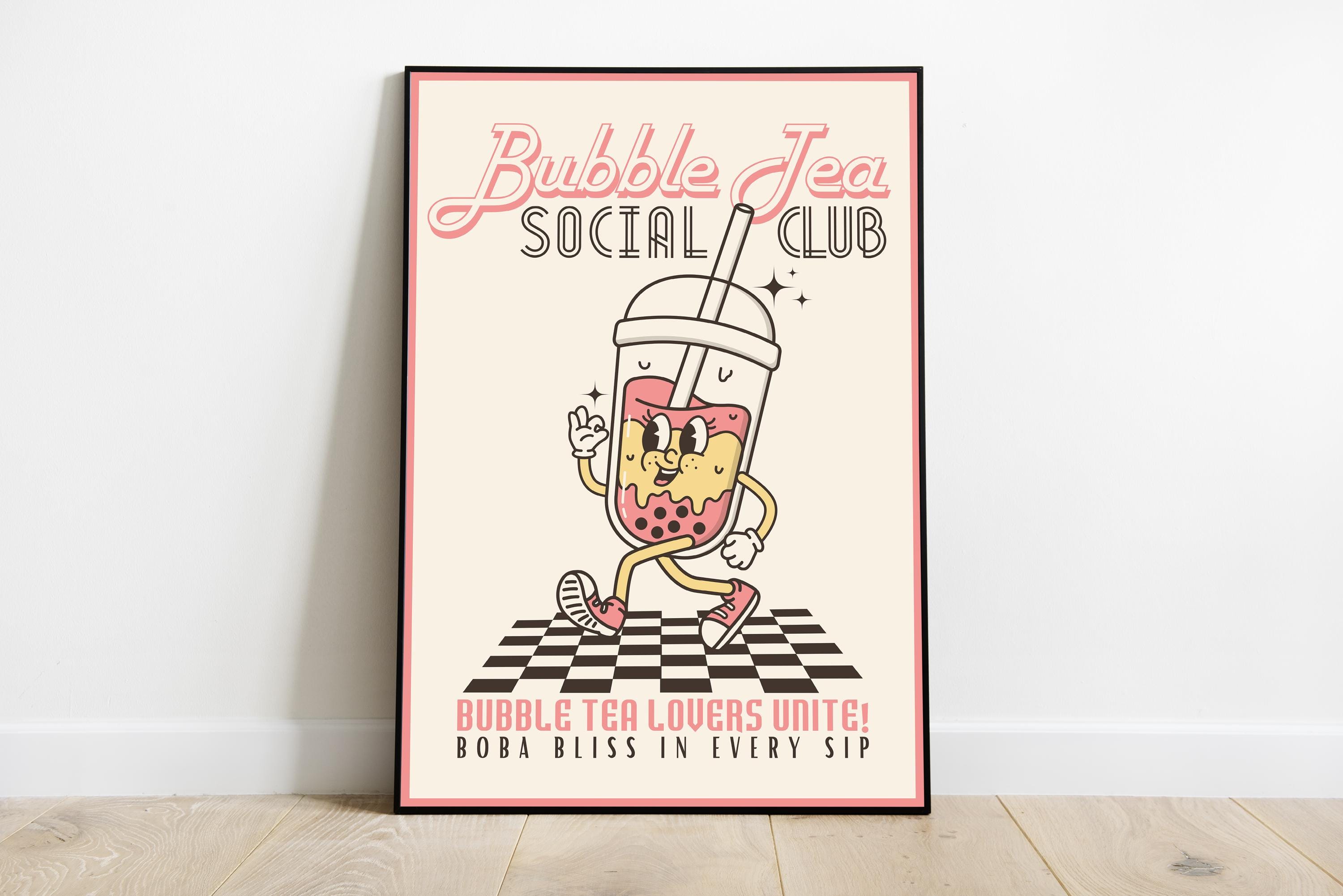 Retro Bubble Tea Wall Art - Fun Boba Poster, Quirky Digital Cafe Decor ...