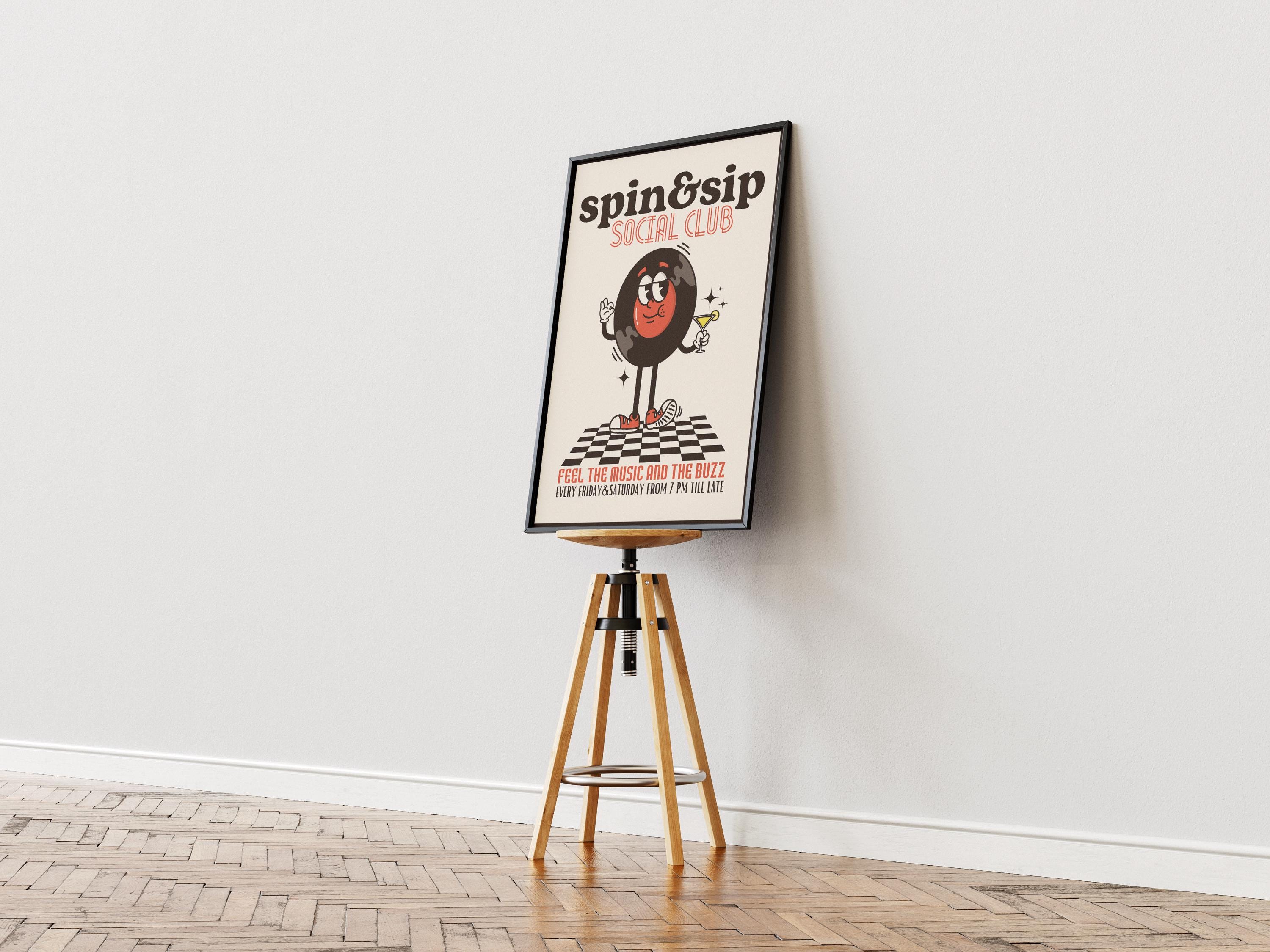 Retro Spin and Sip Poster | Fun Digital Wall Art for Music and Cocktail ...