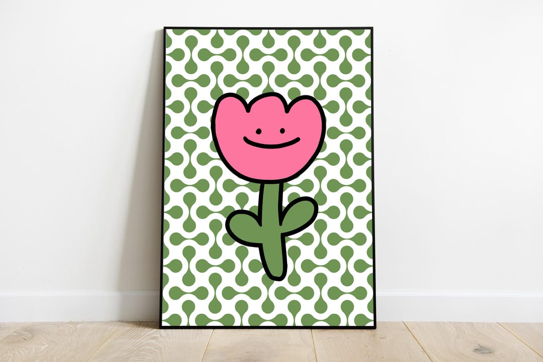Smiley Flower Digital Wall Art – Happy Pink Bloom, Cute Minimalist Art ...