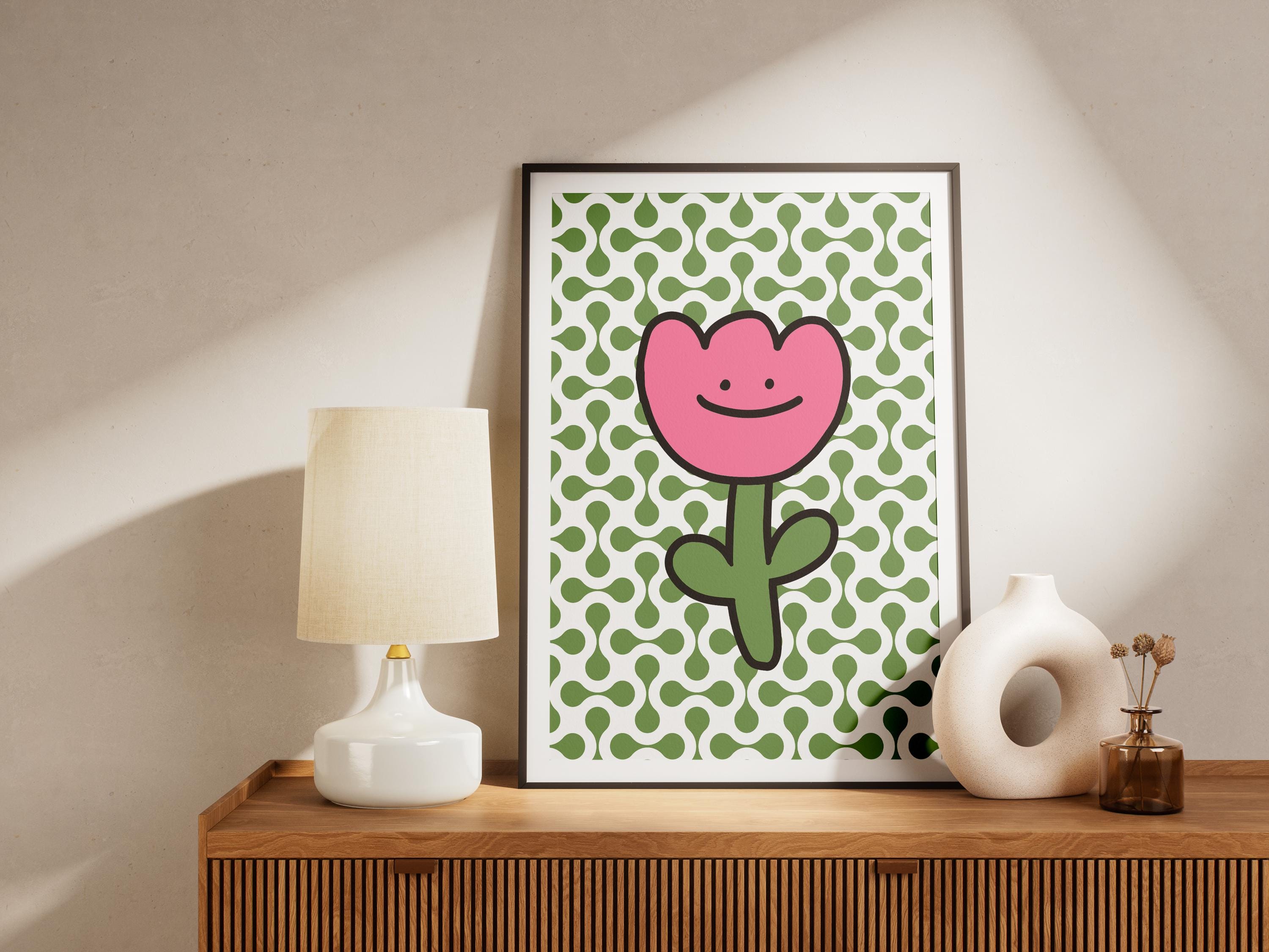 Smiley Flower Digital Wall Art – Happy Pink Bloom, Cute Minimalist Art ...