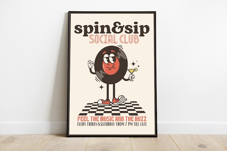 Retro Spin and Sip Poster | Fun Digital Wall Art for Music and Cocktail ...