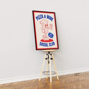 Pizza & Wine Social Club - Retro Funny Digital Print, Foodie Wall Art ...
