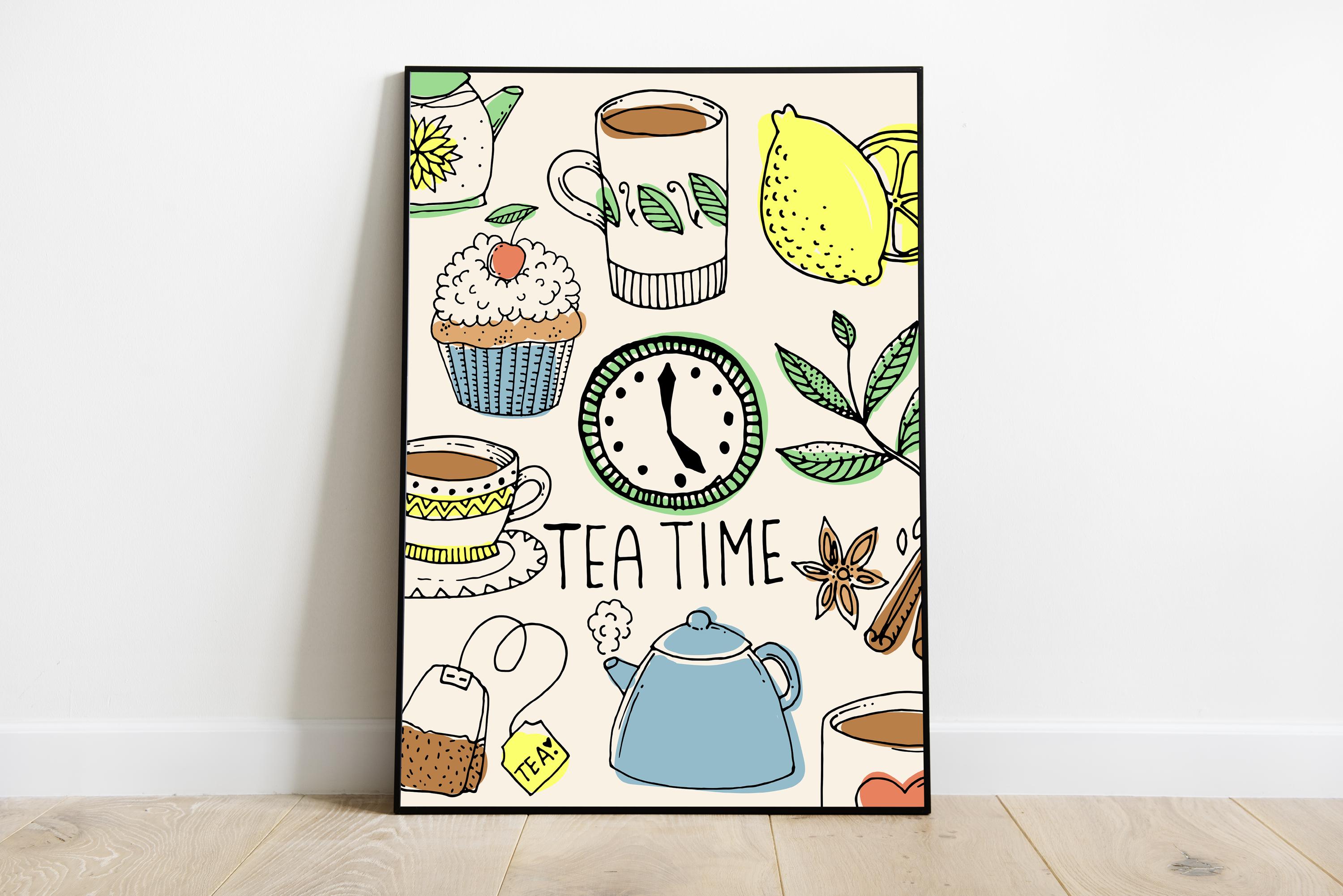 Tea Time Wall Art – Fun Hand Drawn Tea Illustration With Teapot ...