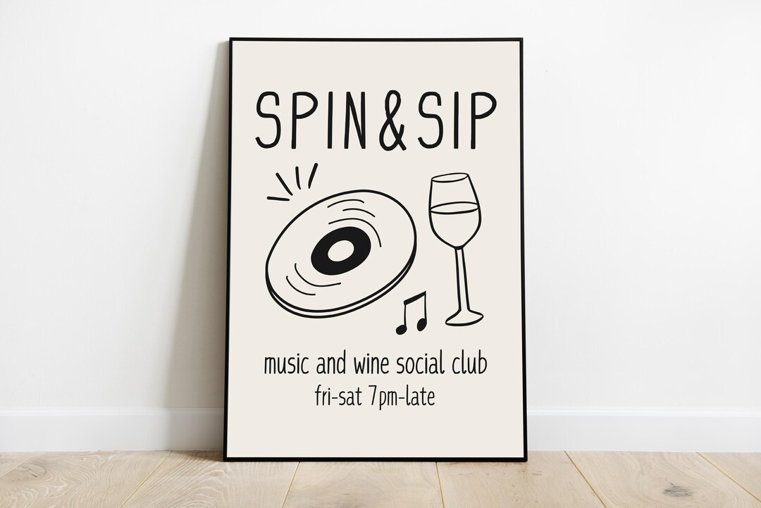 Spin and Sip Minimalist Vinyl Record and Wine Glass Wall Art Music and ...