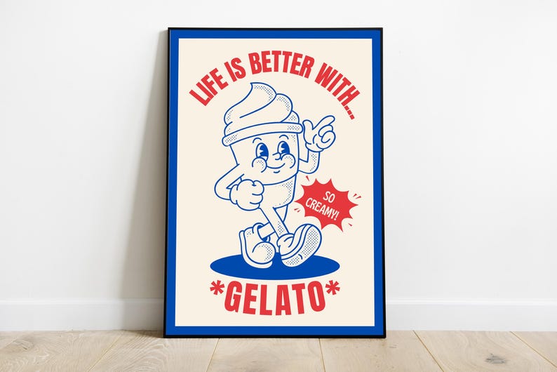 Retro Gelato Poster - Funny Ice Cream Wall Art, Vintage Food Print ...