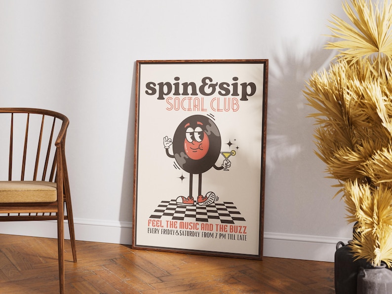 Retro Spin and Sip Poster | Fun Digital Wall Art for Music and Cocktail ...