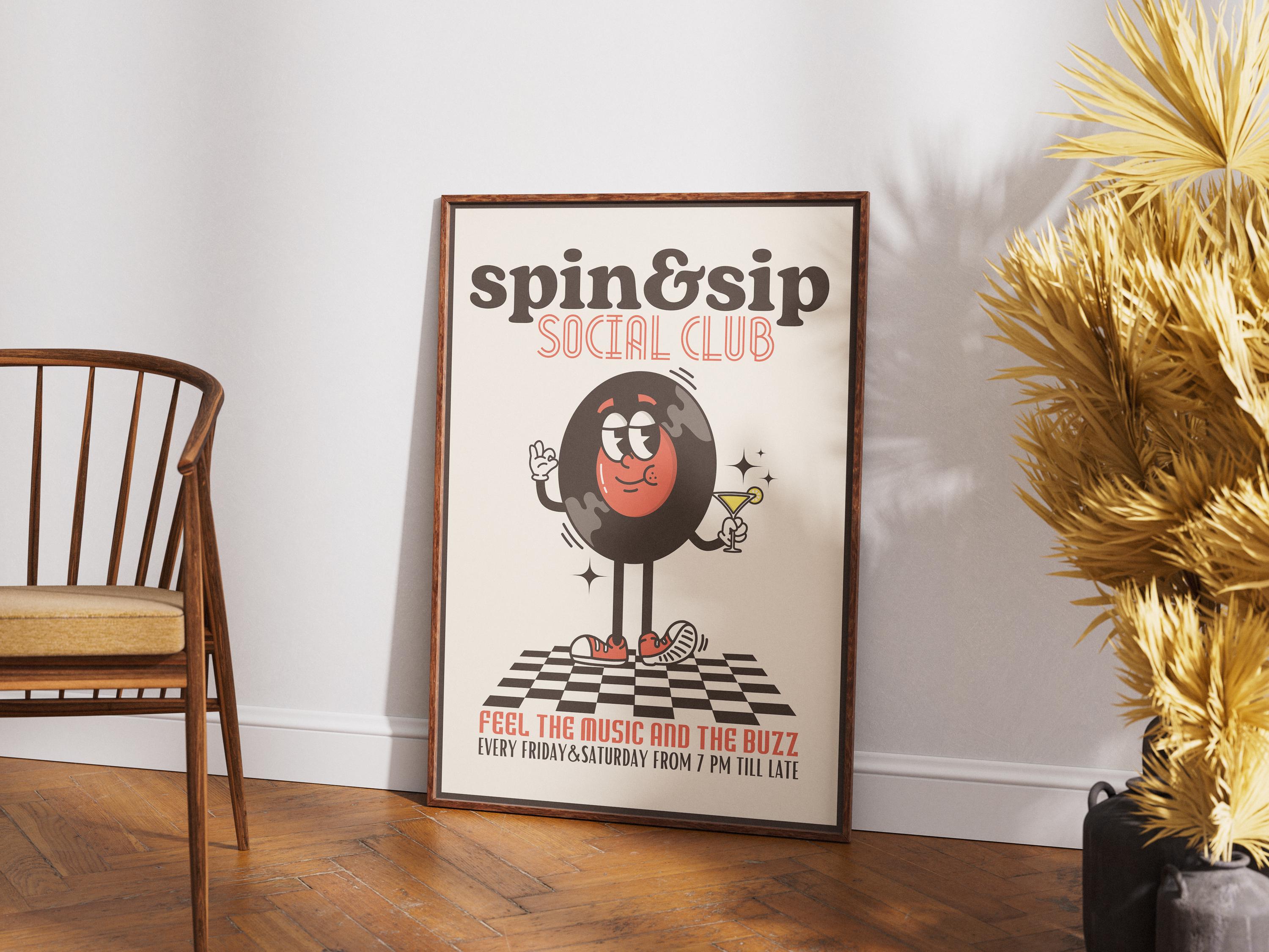 Retro Spin and Sip Poster | Fun Digital Wall Art for Music and Cocktail ...