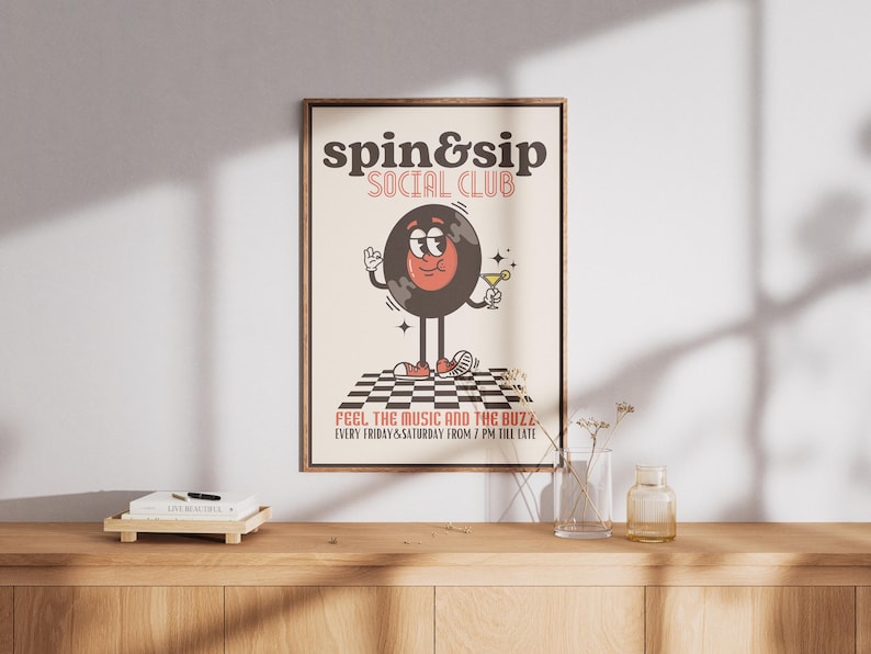 Retro Spin and Sip Poster | Fun Digital Wall Art for Music and Cocktail ...