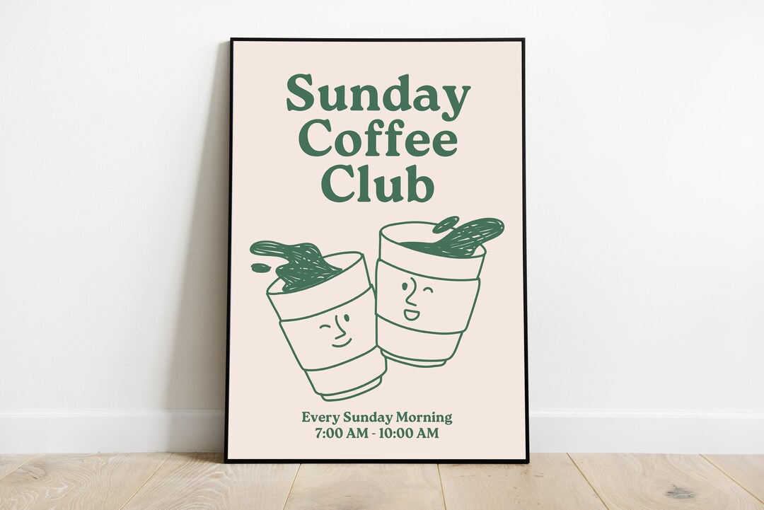 Sunday Coffee Club Wall Art, Fun Doodle Coffee Mugs Print, Green on ...