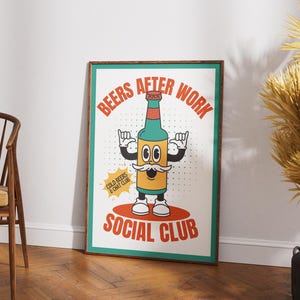 Beers After Work Wall Art – Funny Beer Bottle Poster, Retro Cartoon ...
