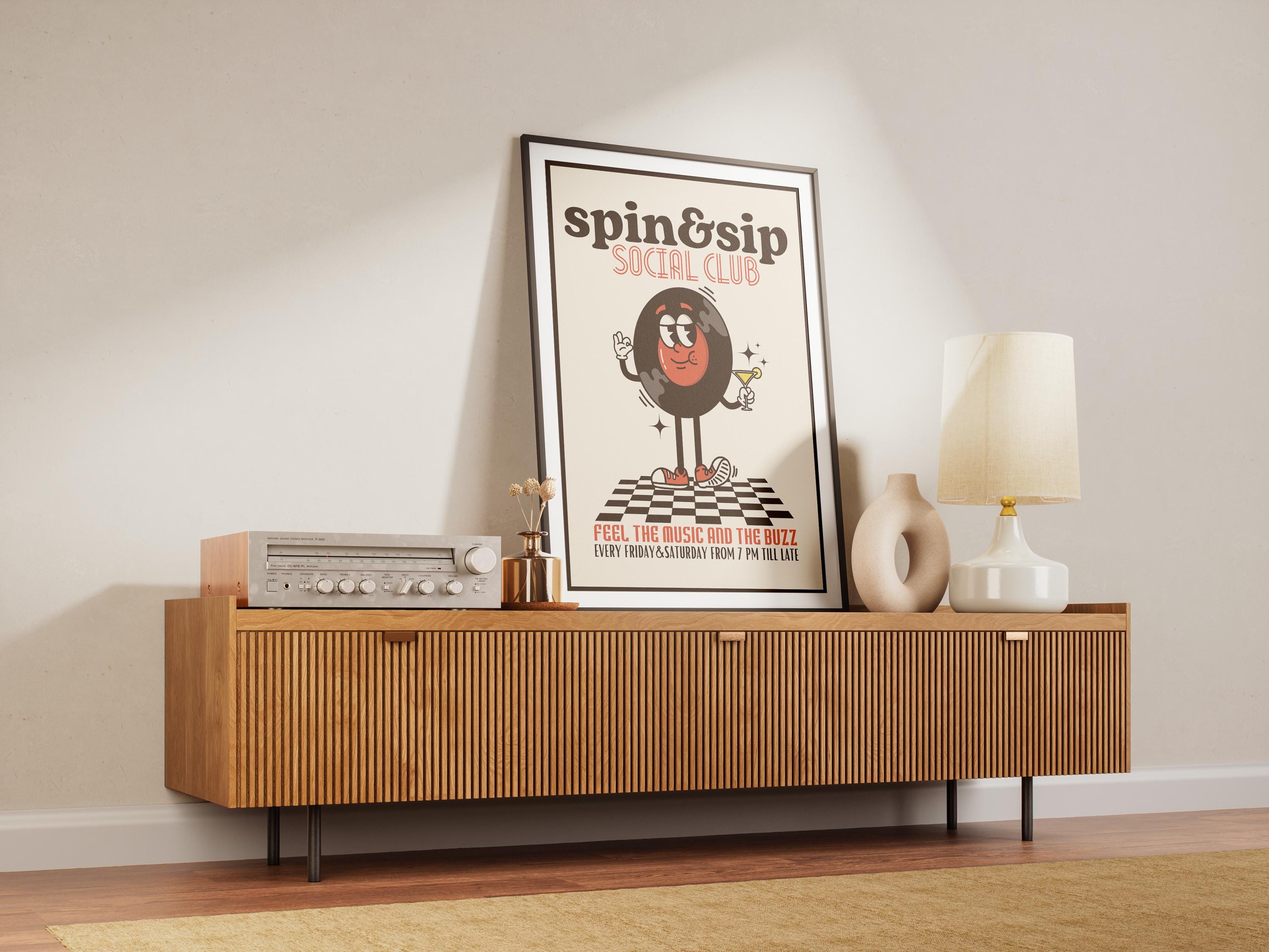 Retro Spin and Sip Poster | Fun Digital Wall Art for Music and Cocktail ...