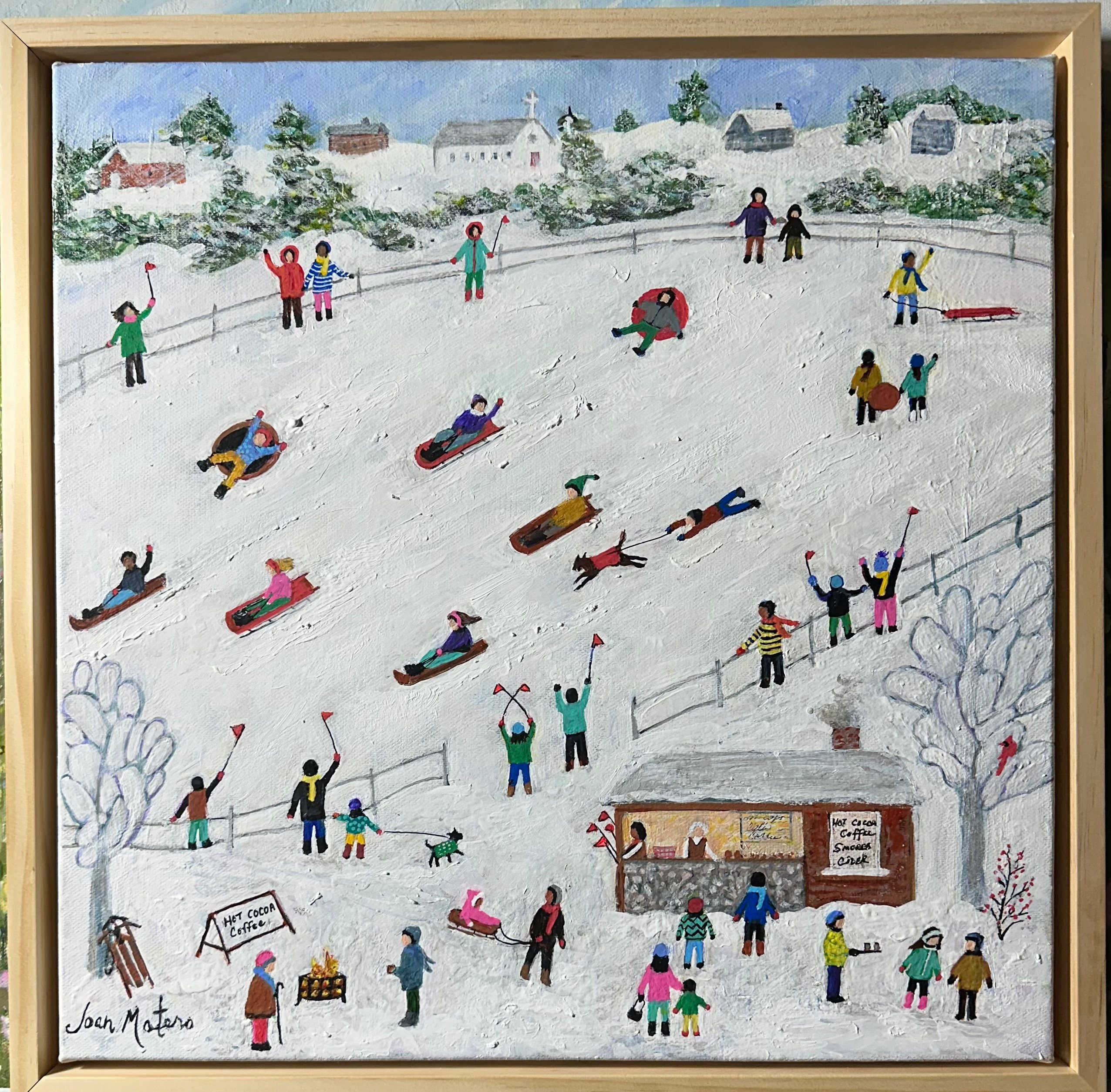 Sledding Fun, 16"x16", Folk Art, Framed, Colorful, Winter Sledding ...