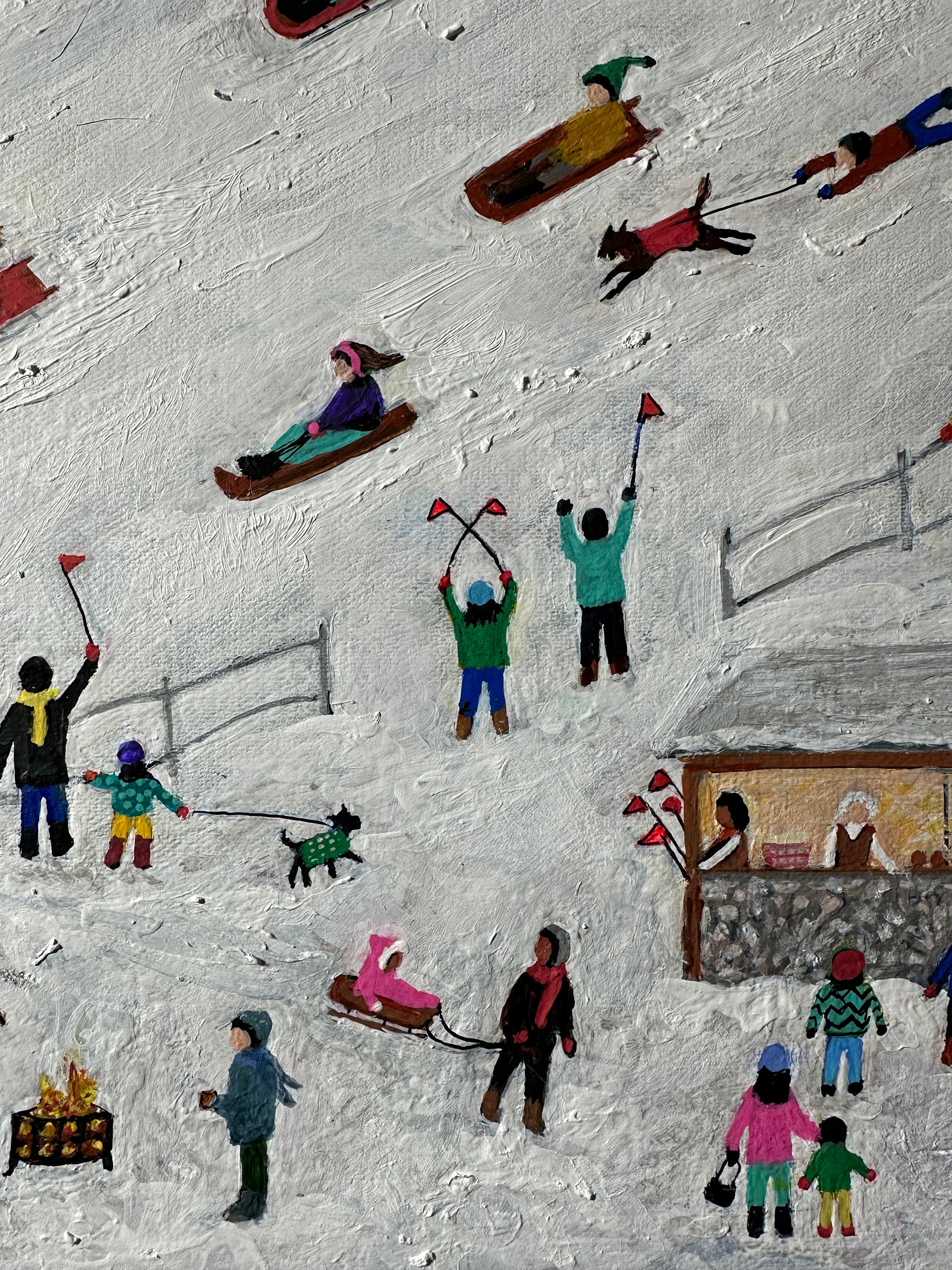 Sledding Fun, 16x16, Folk Art, Framed, Colorful, Winter Sledding Scene ...