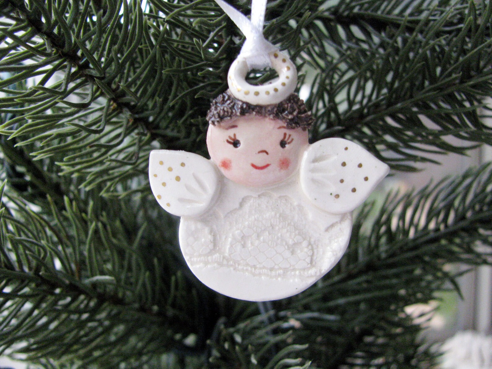 Little Curly Haired Brunette Angel Ornament - Christmas - Hand Made ...