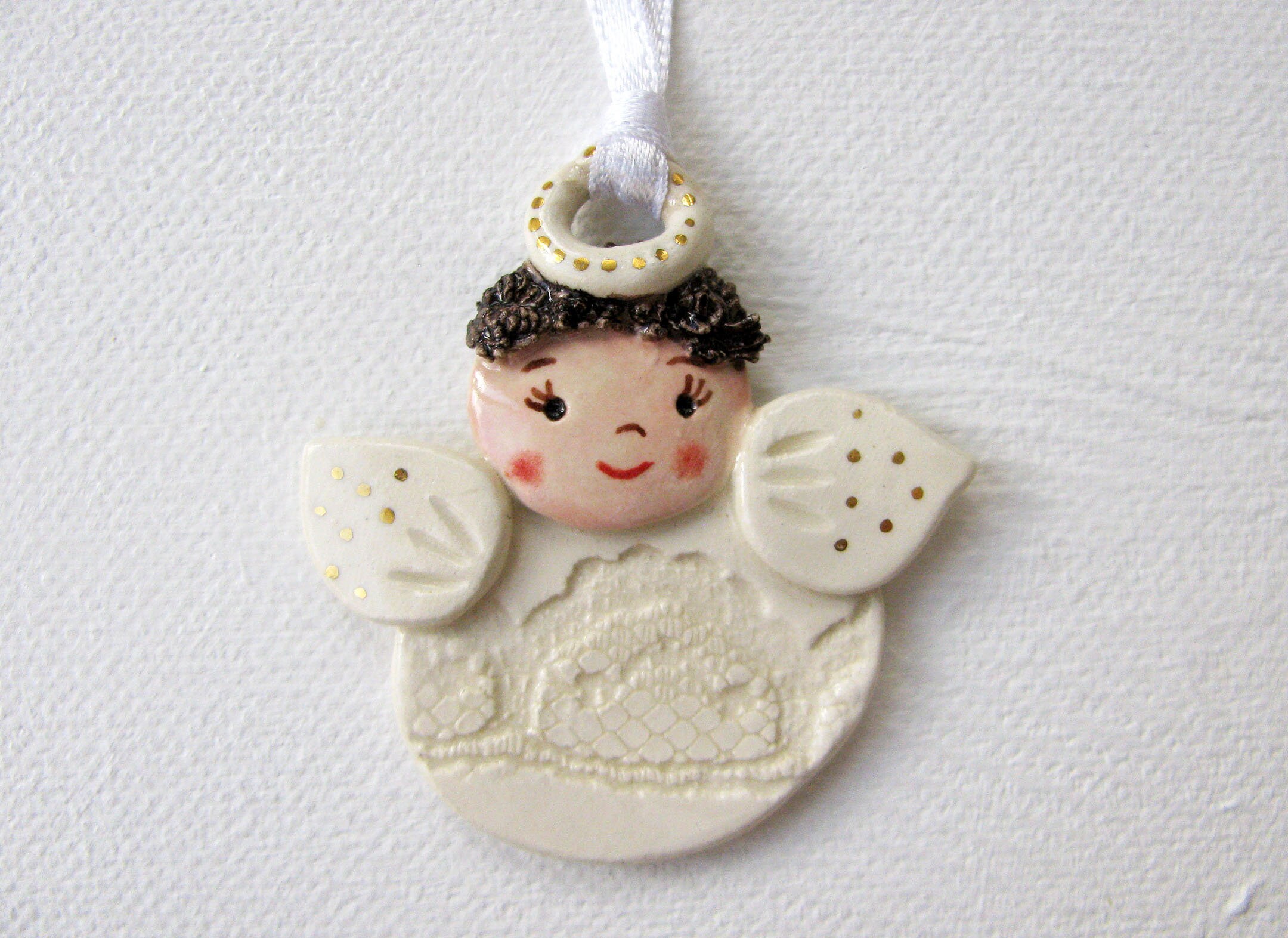 Little Curly Haired Brunette Angel Ornament - Christmas - Hand Made ...