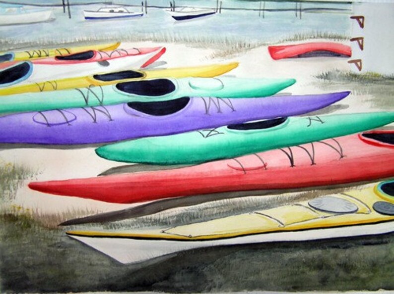 Kayaks on the Beach, by Mary Acker - Etsy