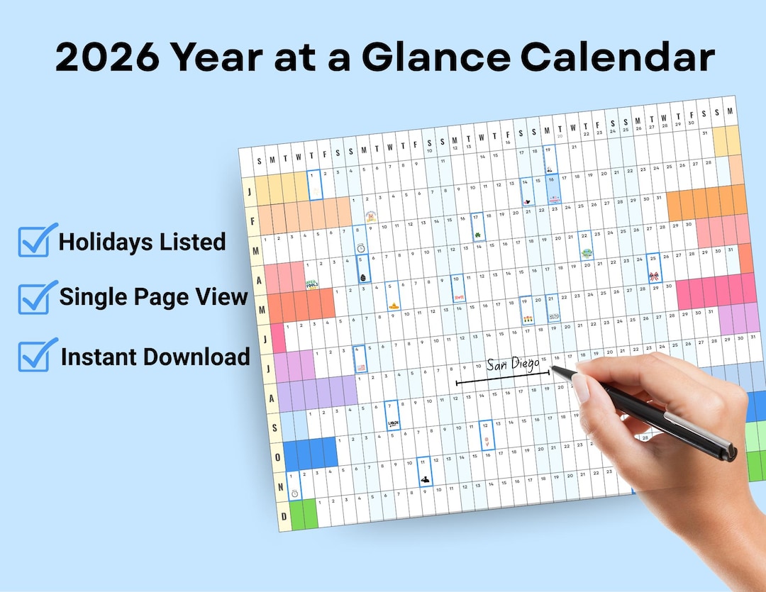 2026 At-a-glance Calendar | Holidays Included | Colorful | Printable - Etsy