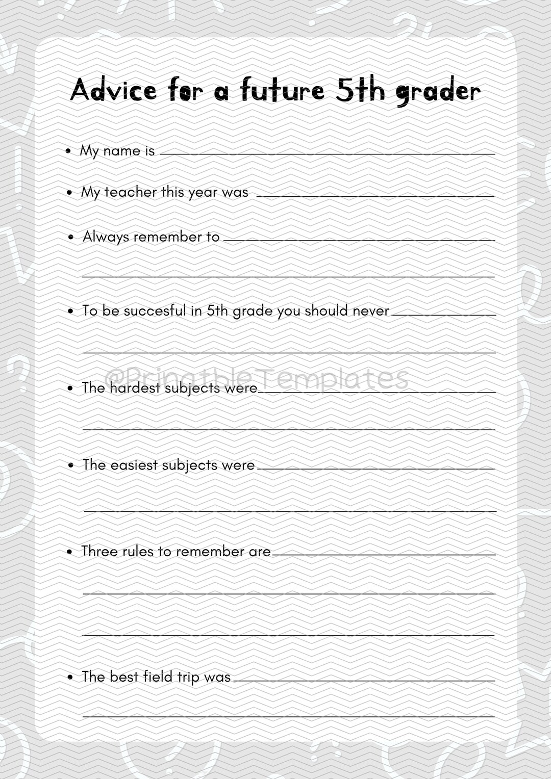 Advice for a Future 5th Grader Worksheet - Etsy
