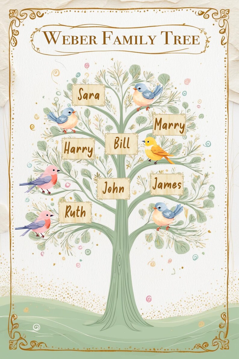 Personalized Genealogy Digital Family Tree With Birds and With Custom ...