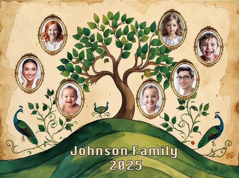 Custom Printed Family Tree Art With Photos – Vintage Botanical Style on ...