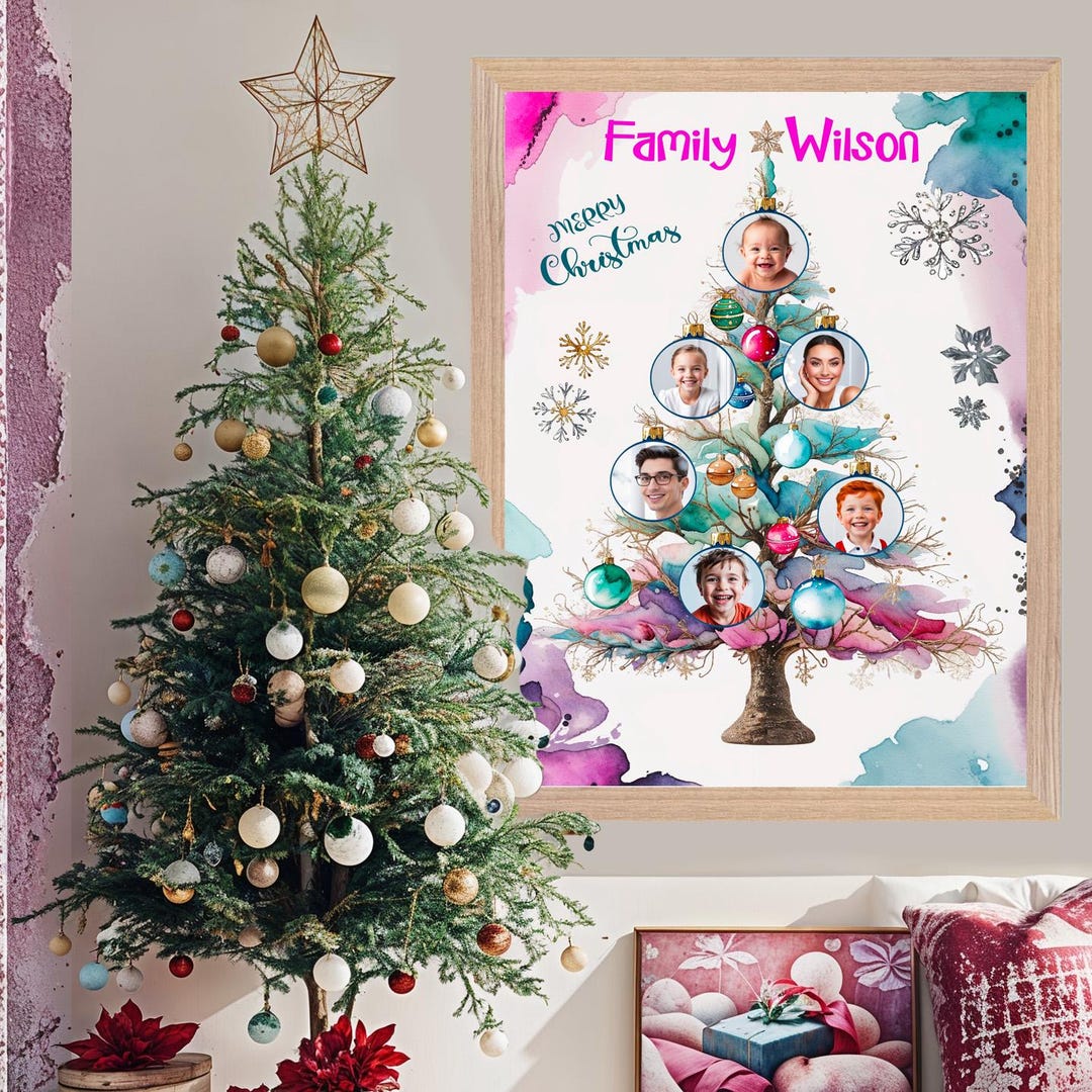 Personalized Family Photo Christmas Tree Watercolor Art (digital ...