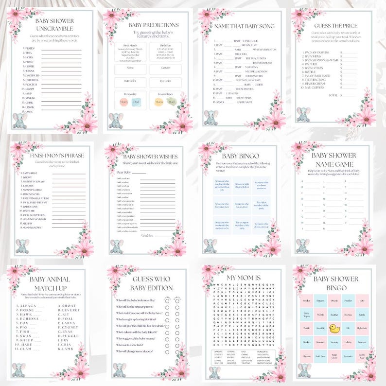 Floral Baby Shower Games Bundle, Games Bundle Templates, Colorful Baby ...