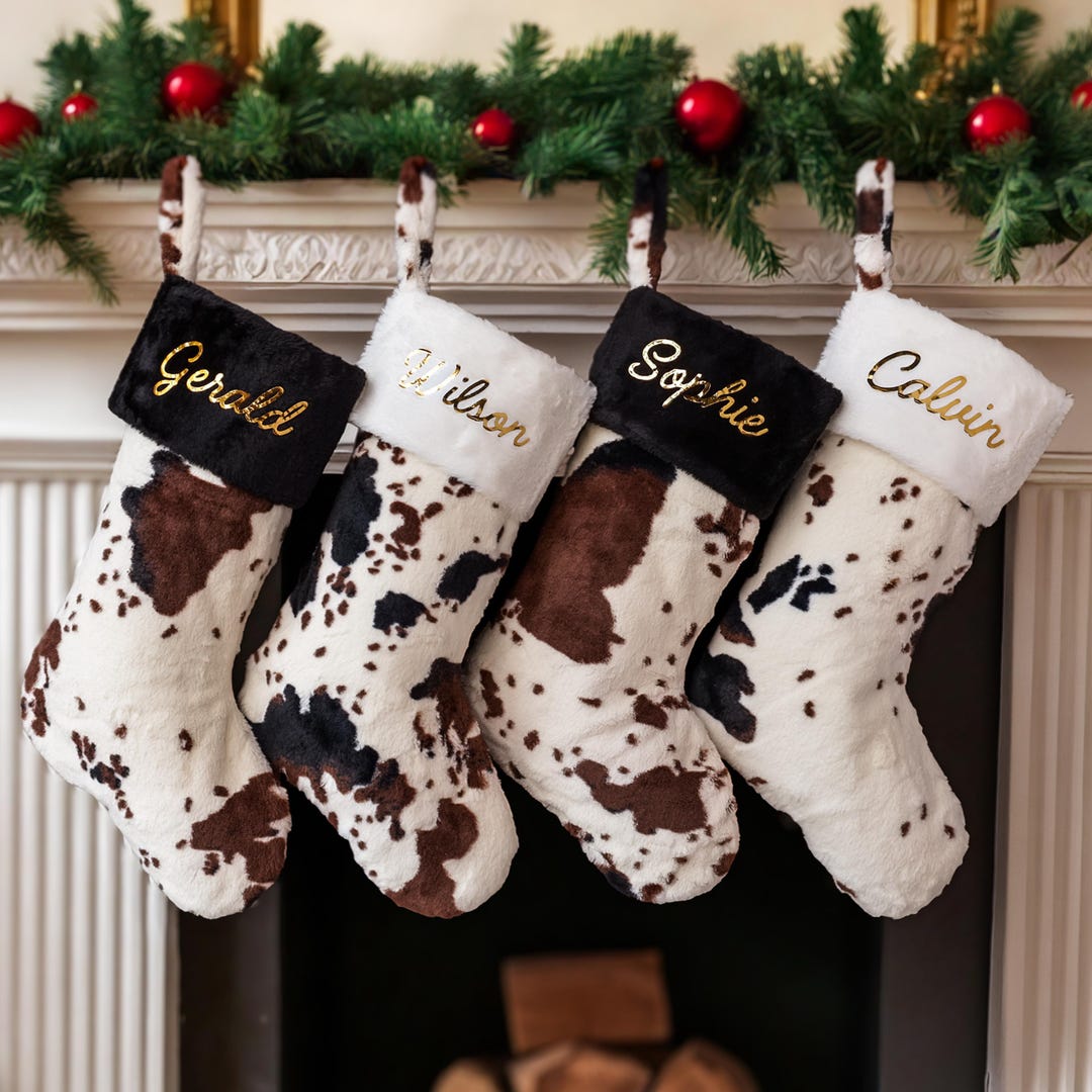 Personalized Cow Print Christmas Stocking: Faux Fur, Foil Pressed Name ...