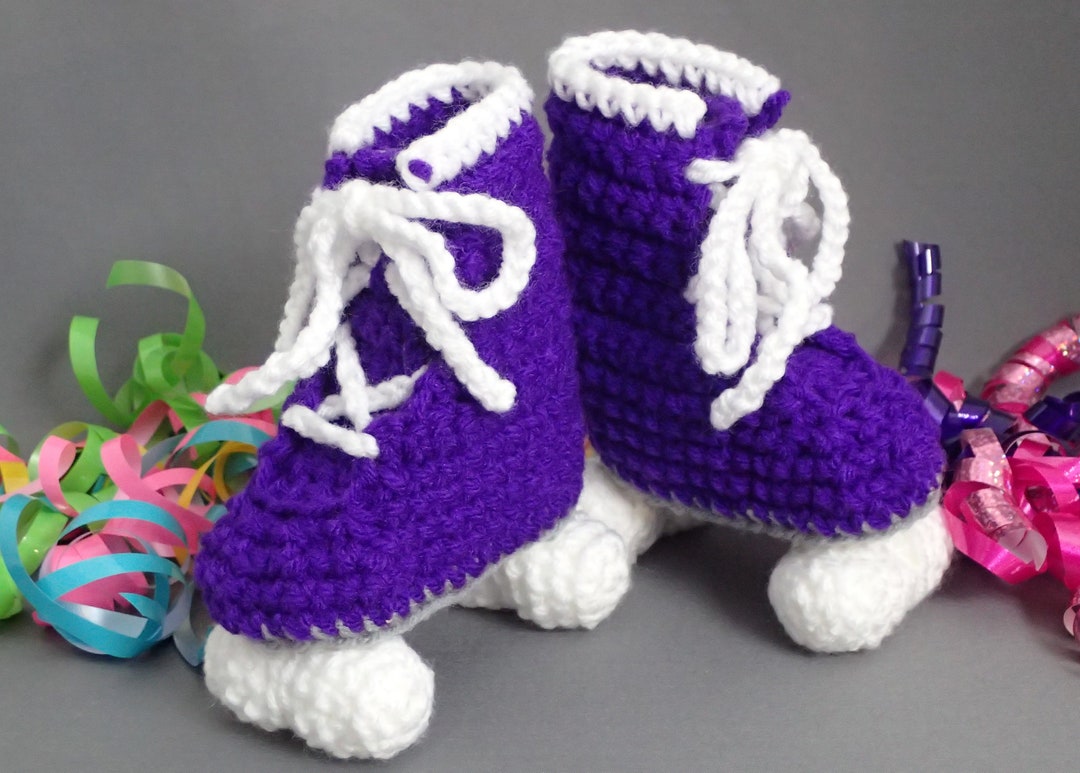 Crochet Baby Roller Skate Booties: Purple & White Newborn Gift - Etsy