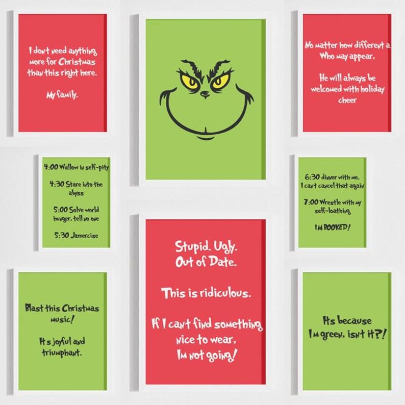 Set of 11 Grinch Christmas Printable Funny Posters Red Green Room Decor ...