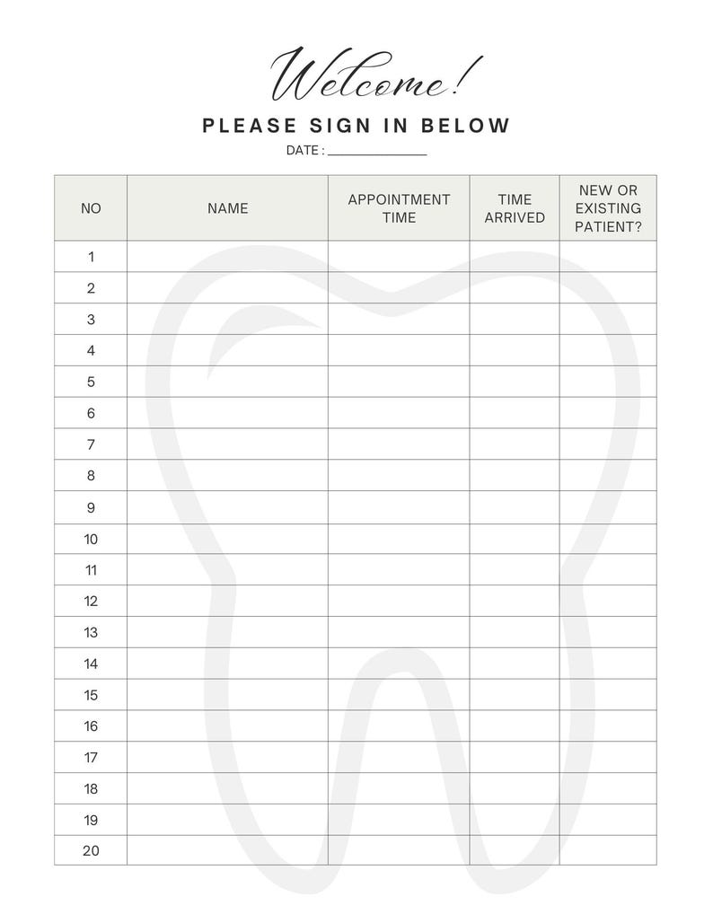 Digital Dental Sign-in Sheet - Etsy