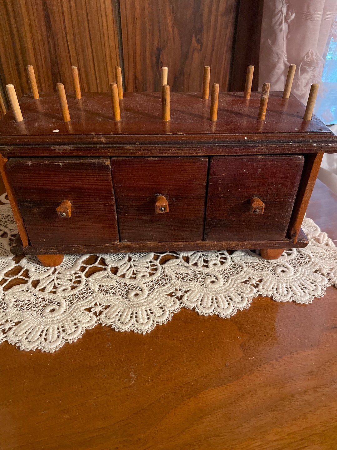 Primitive Would Handmade Sewing Box Thread Holder With Drawers, Wood - Etsy