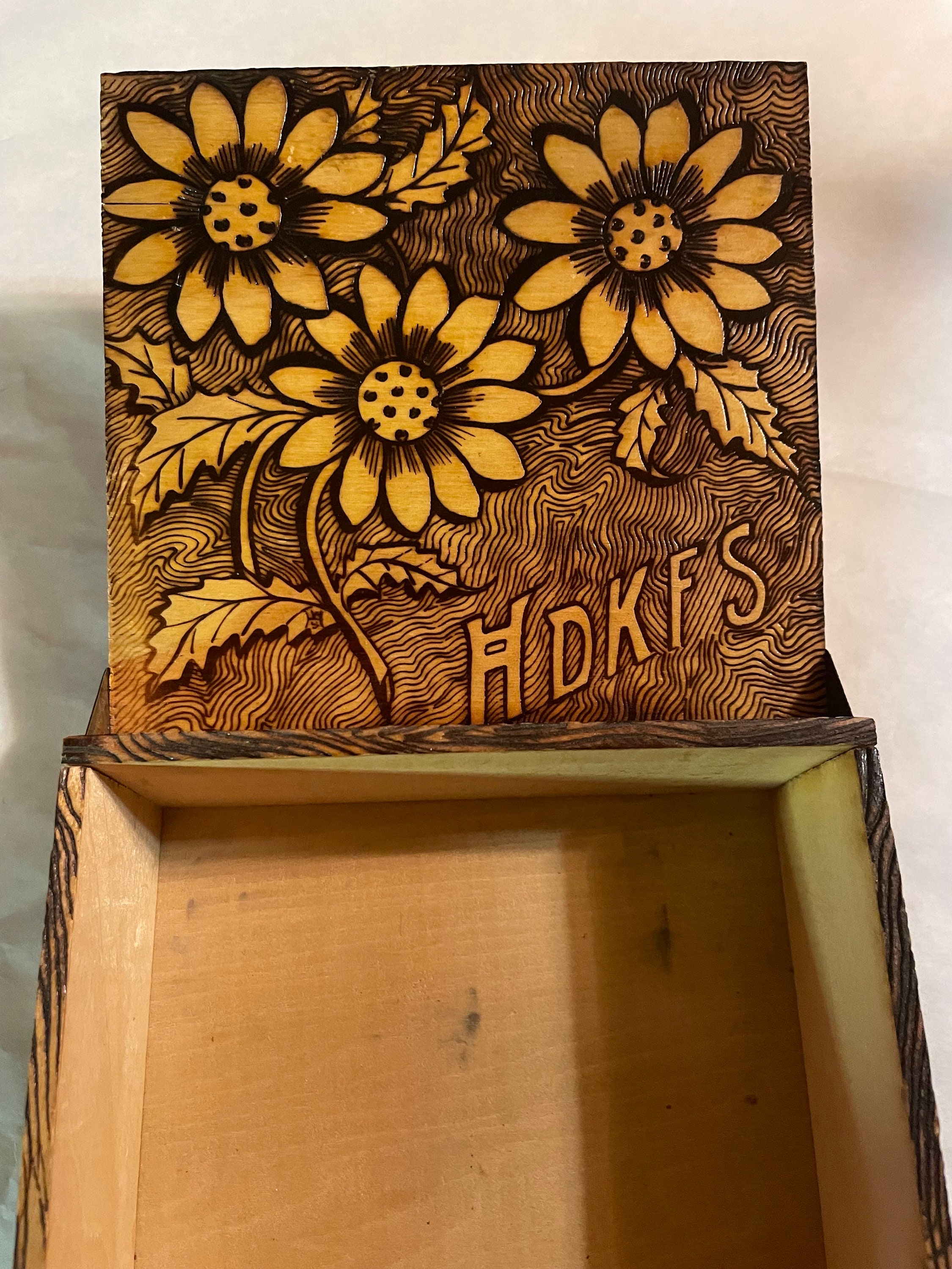 Antique Pyrography HDKS Flemish Art Handkerchief Box Burned Flowers ...