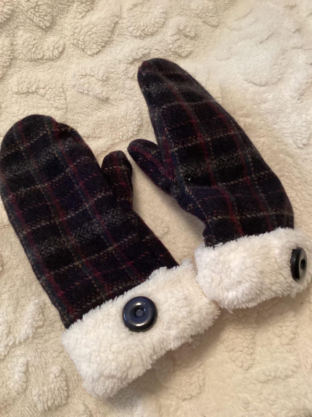 Recyled Washed Wool Plaid Black and Red Cuffed Handmade Winter Mittens ...