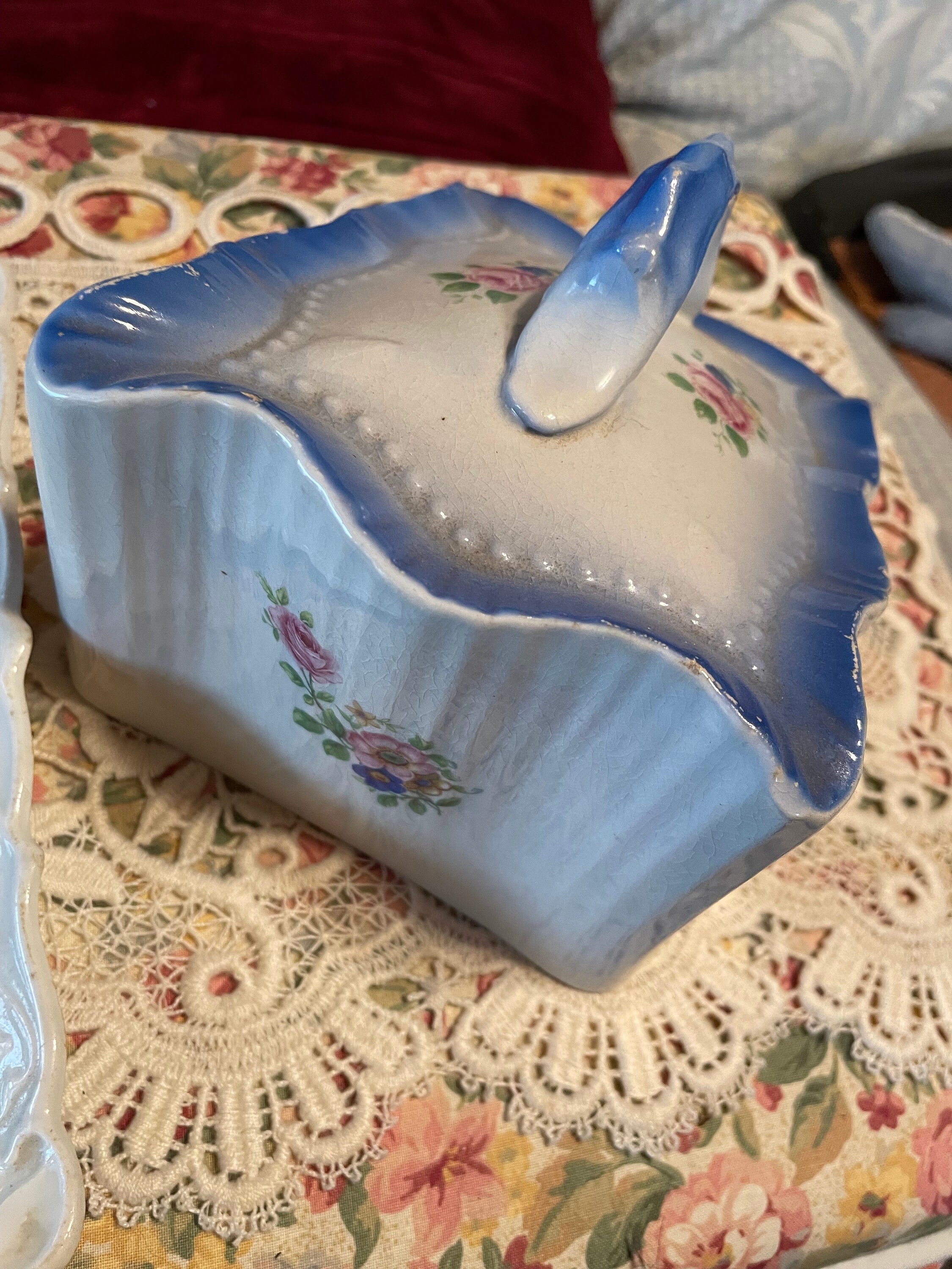 Antique Cheese Dish Cover With Plate Blue and White With Pink Roses ...