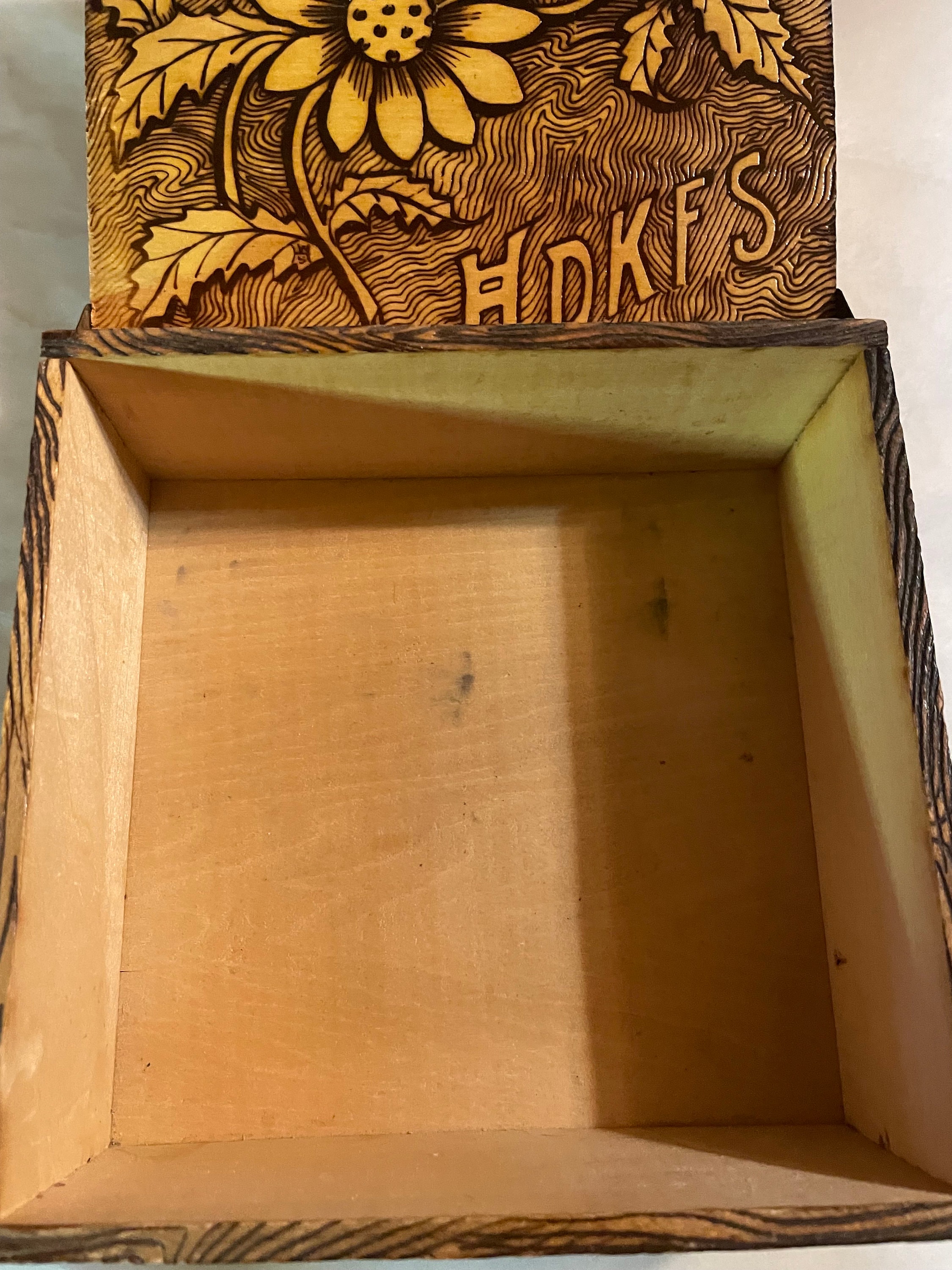 Antique Pyrography HDKS Flemish Art Handkerchief Box Burned Flowers ...