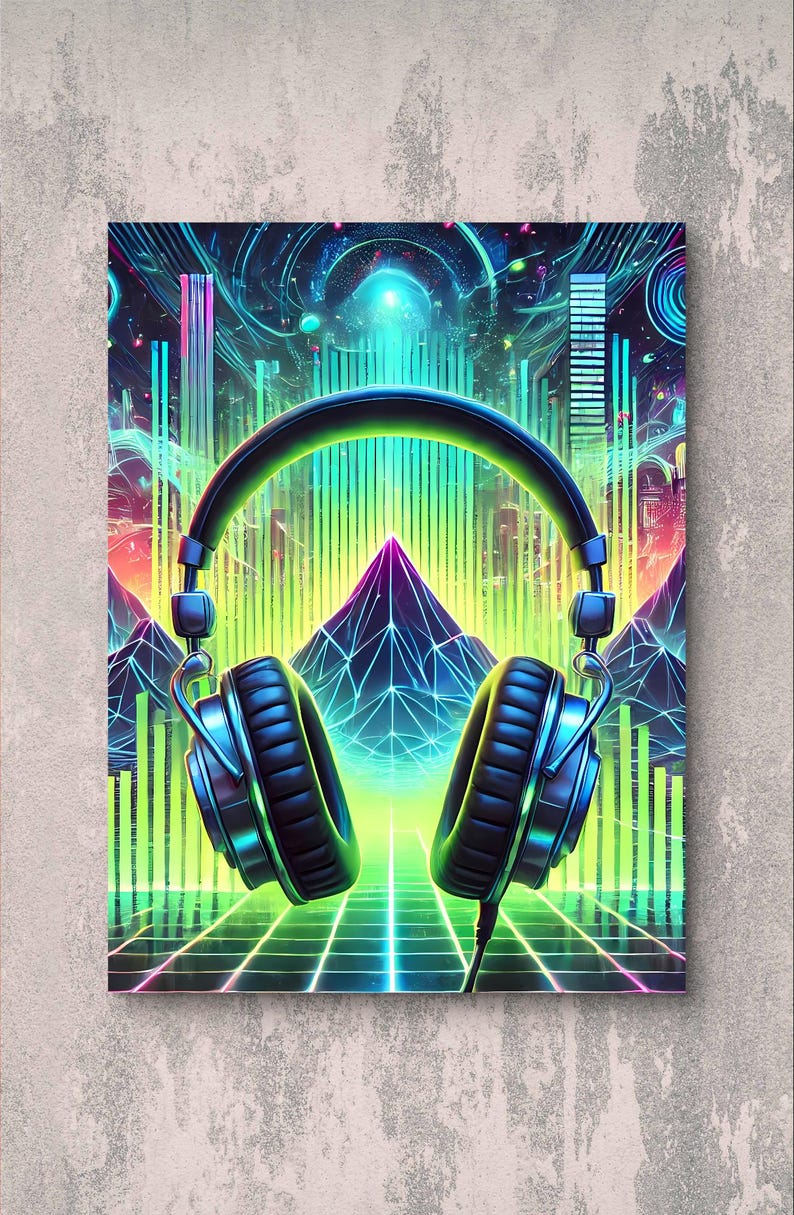 Vibrant Synthwave Headphone Art Futuristic Digital Music Print Neon ...