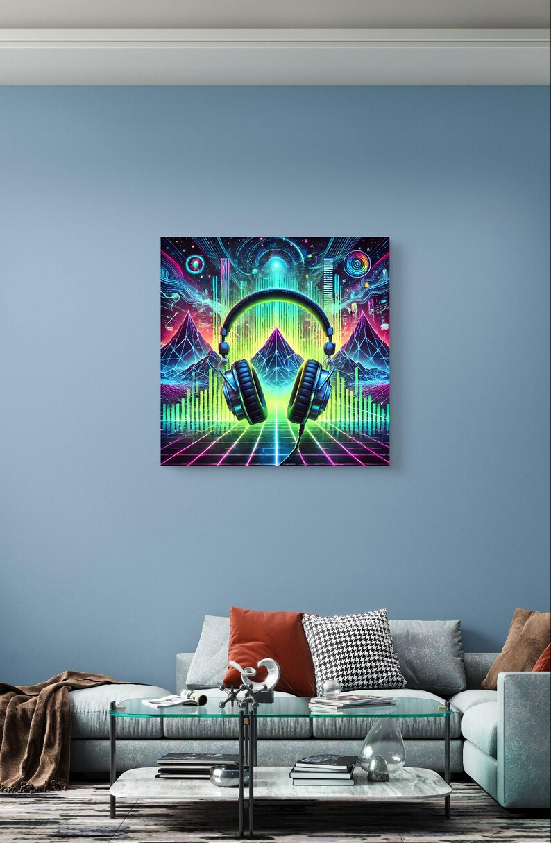 Vibrant Synthwave Headphone Art Futuristic Digital Music Print Neon ...