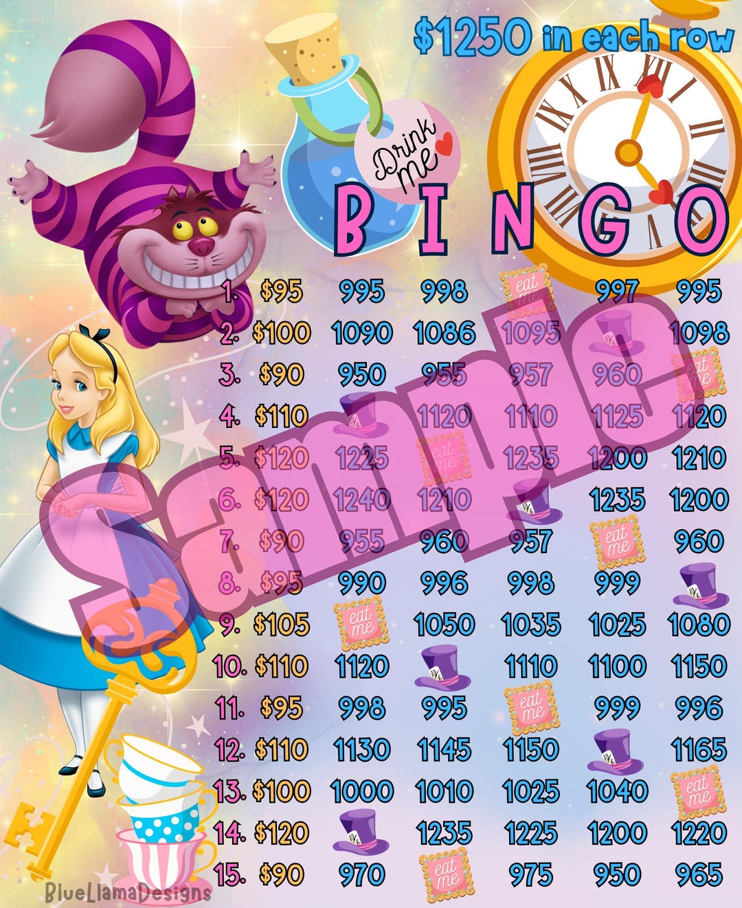 1250 Wonderland, 15 Line Bingo Board, PYP Bingo, Pro. Board, Themed ...