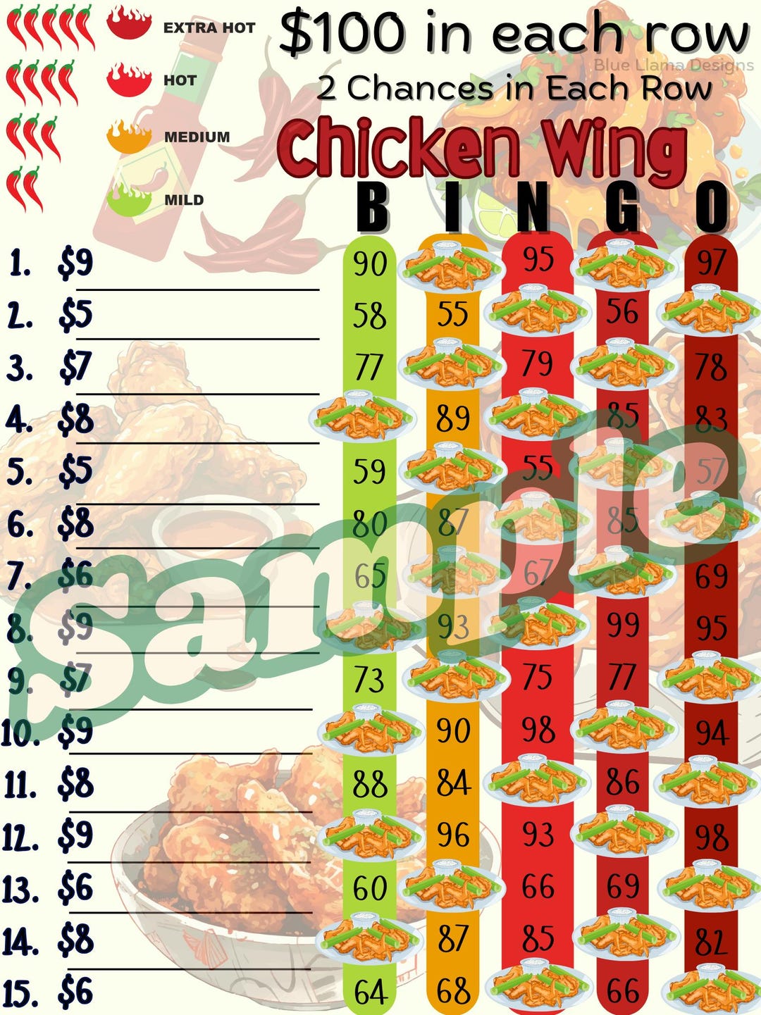 100 Chicken Wing Ier Bingo, 15 Line Bingo Board, Bingo, Pro. Bingo ...