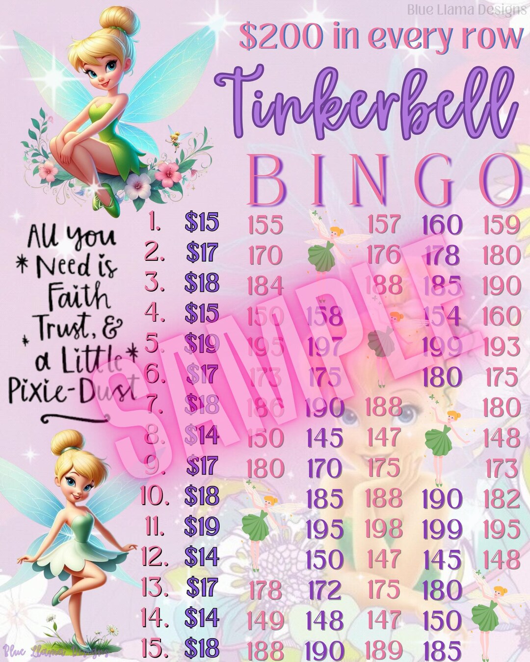 200 Fairy Bingo, 15 Line Bingo Board, Bingo, Pro. Bingo, Themed Bingo ...