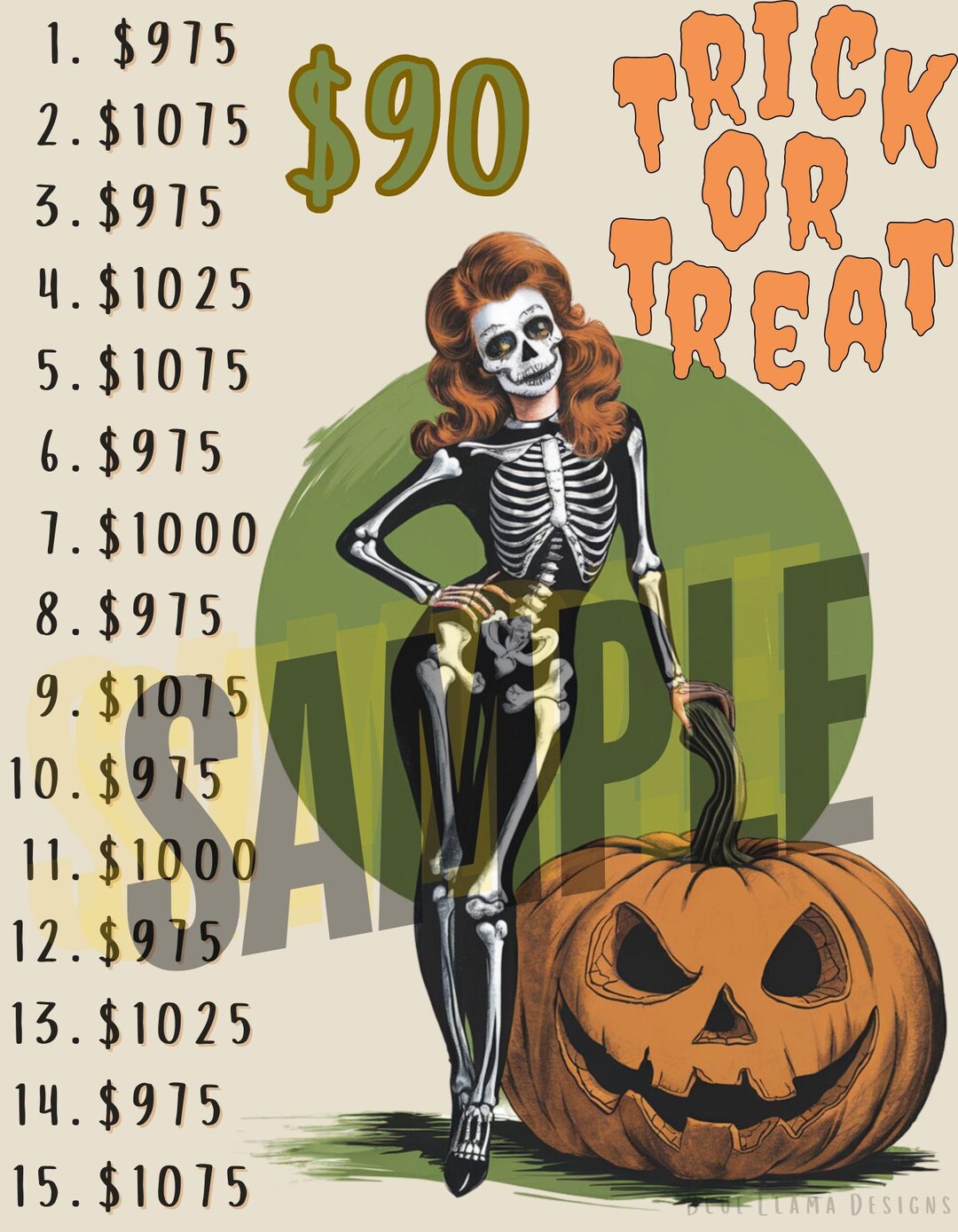 Skeleton Pin up Girl 15 Line Bingo Board, Halloween Bingo, Pro. Board ...